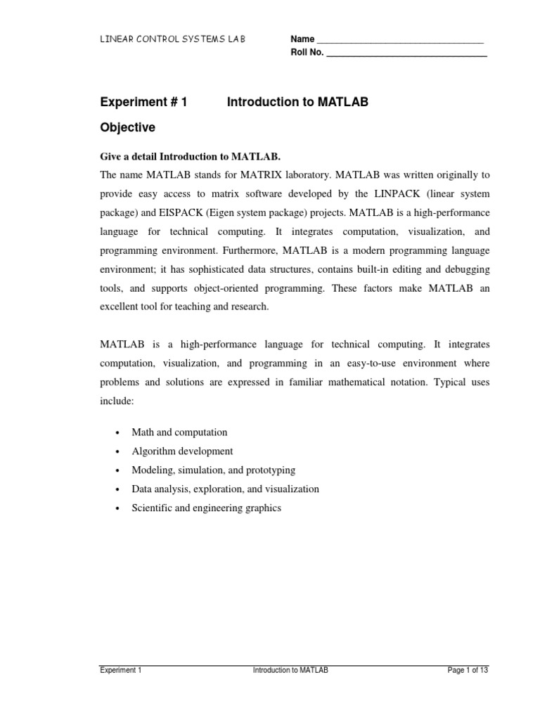 Experiment # 1 Introduction To MATLAB Objective | PDF | Matlab | Array Data Structure