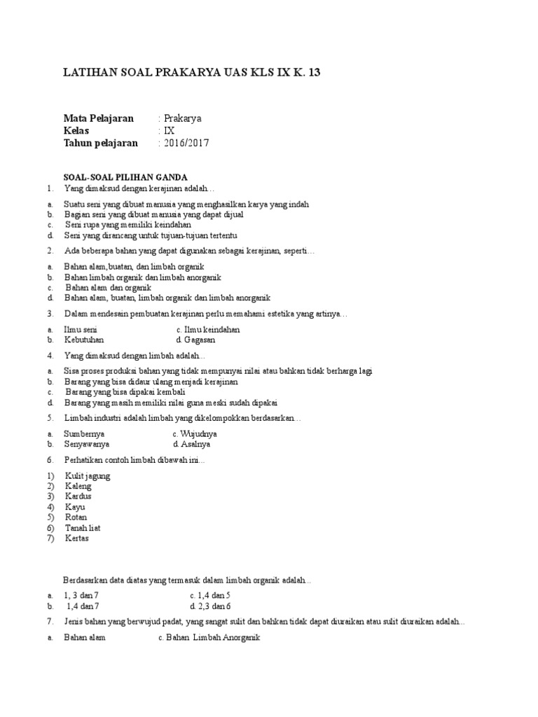 Latihan Soal Prakarya Uas Kls Ix K | PDF | Griya & Taman