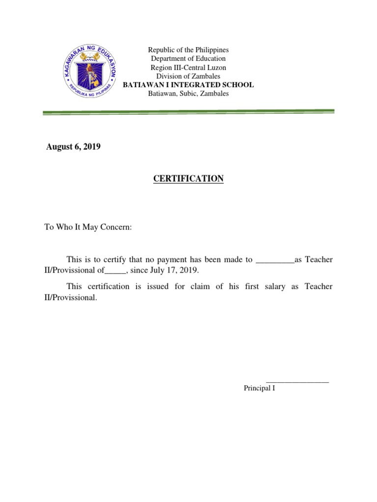 Certification No Payment Salary | PDF