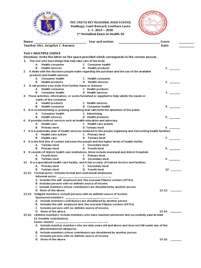 Grade 10 Health 1st Quarter Exam | PDF | Health Care | Insurance