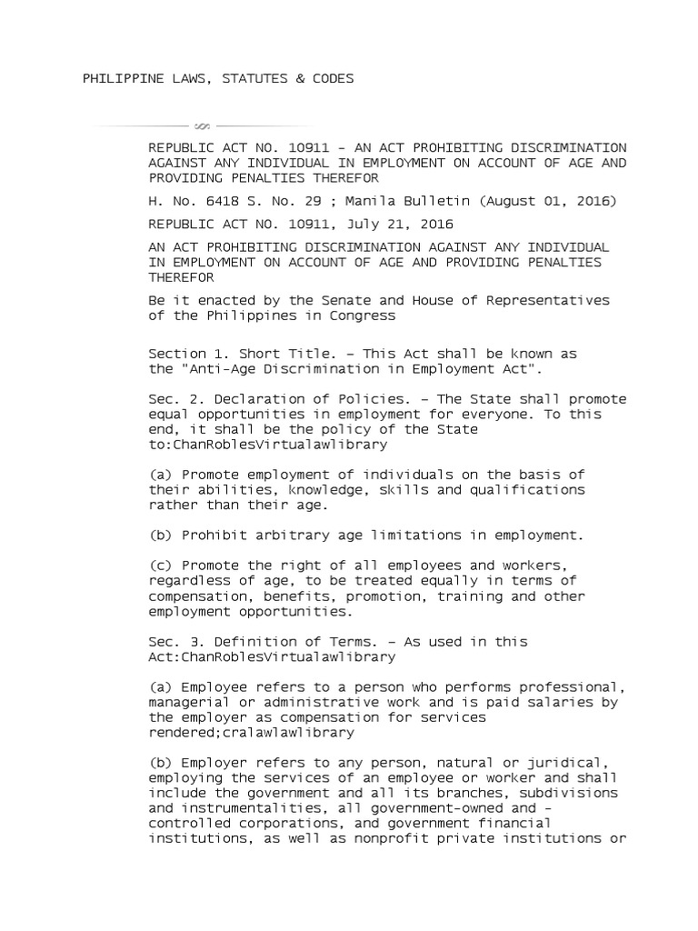 Anti-Age Discrimination in Employment Act, RA 10911 and IRR's | PDF ...
