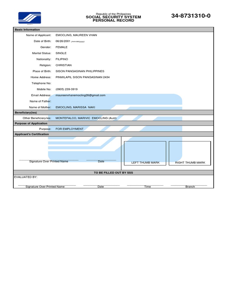 Personal - Record - Form Emocling, Maureen Vhan | PDF