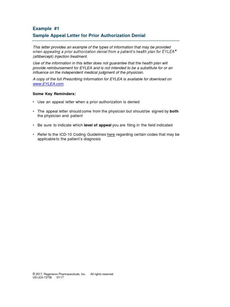 Example #1 Sample Appeal Letter For Prior Authorization Denial | PDF ...