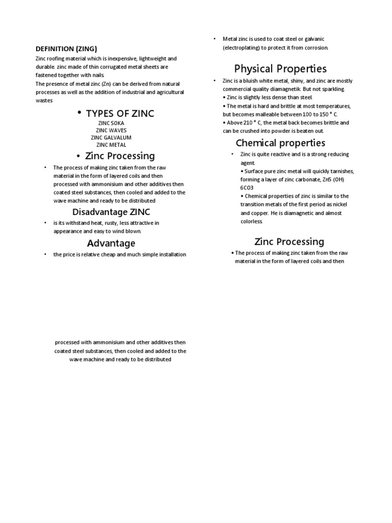 Physical Properties: Types of Zinc Chemical Properties | PDF | Zinc ...