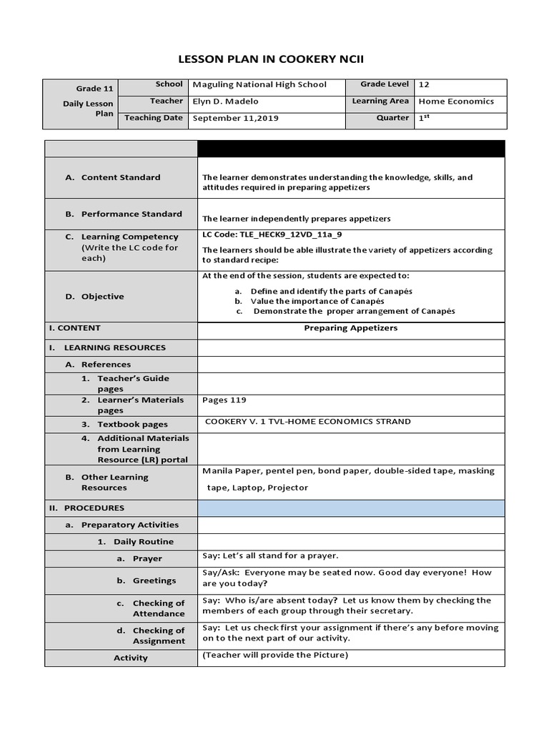 Lesson Plan in Cookery NcII | PDF | Foods | Cuisine