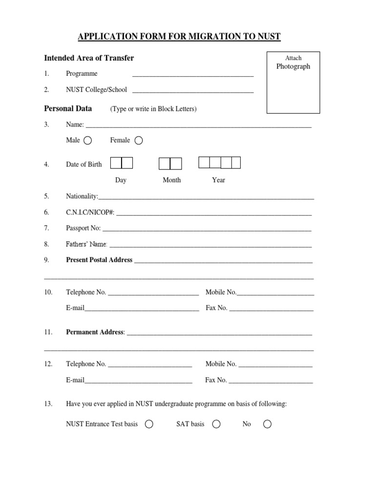 Application Form For Migration To Nust: Intended Area of Transfer | PDF ...