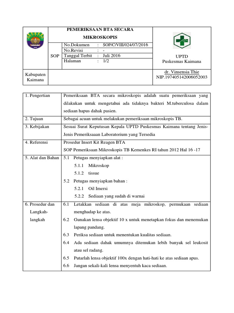 8.1.1.1.s. SOP Pemeriksaan BTA | PDF