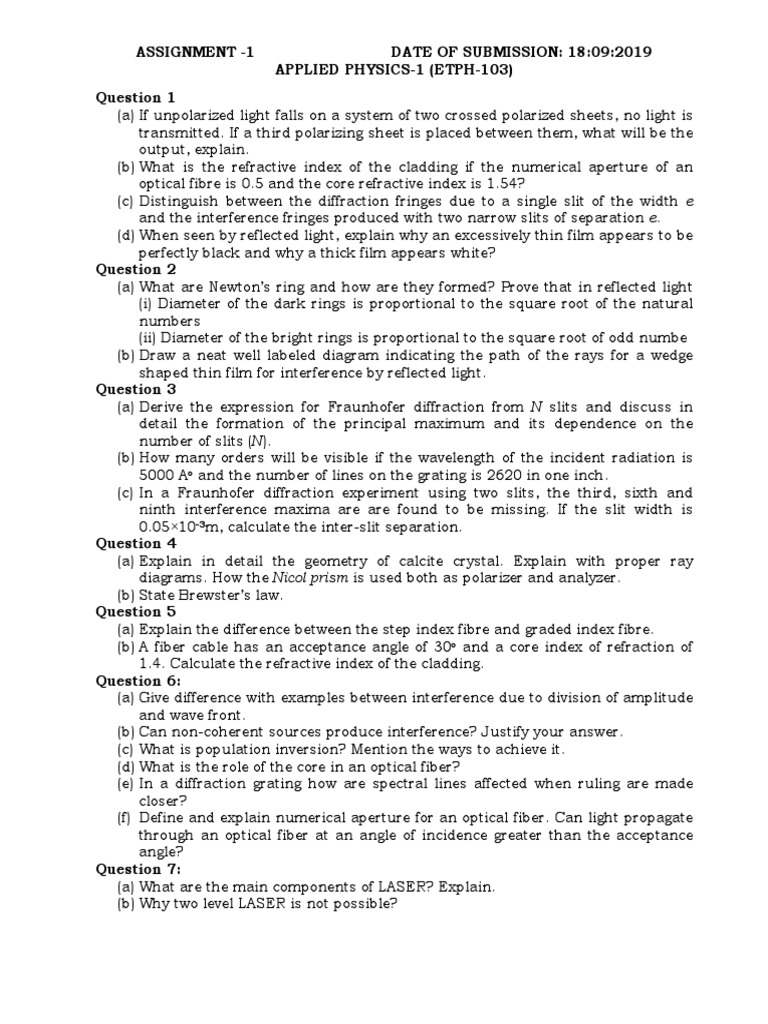 Applied Physics Assignment On Optics Concepts Including Interference