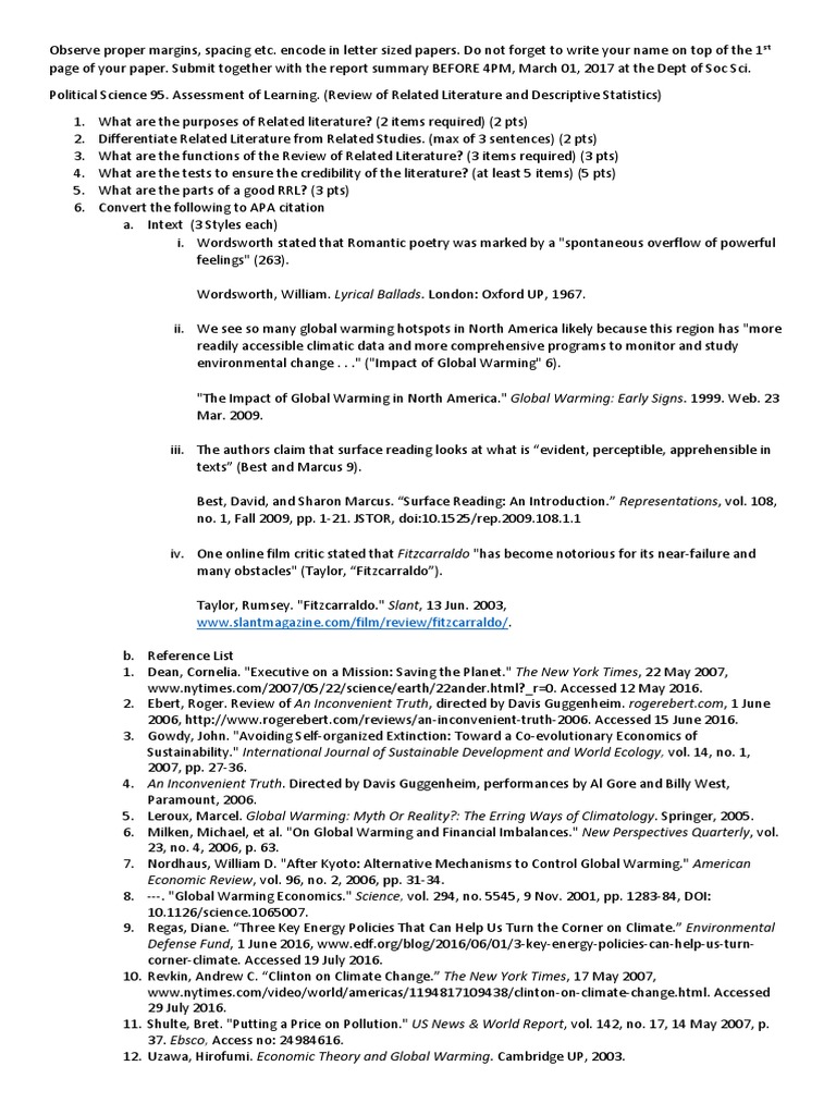Political Science 95 Assessment: Review, Statistics, and Citation ...
