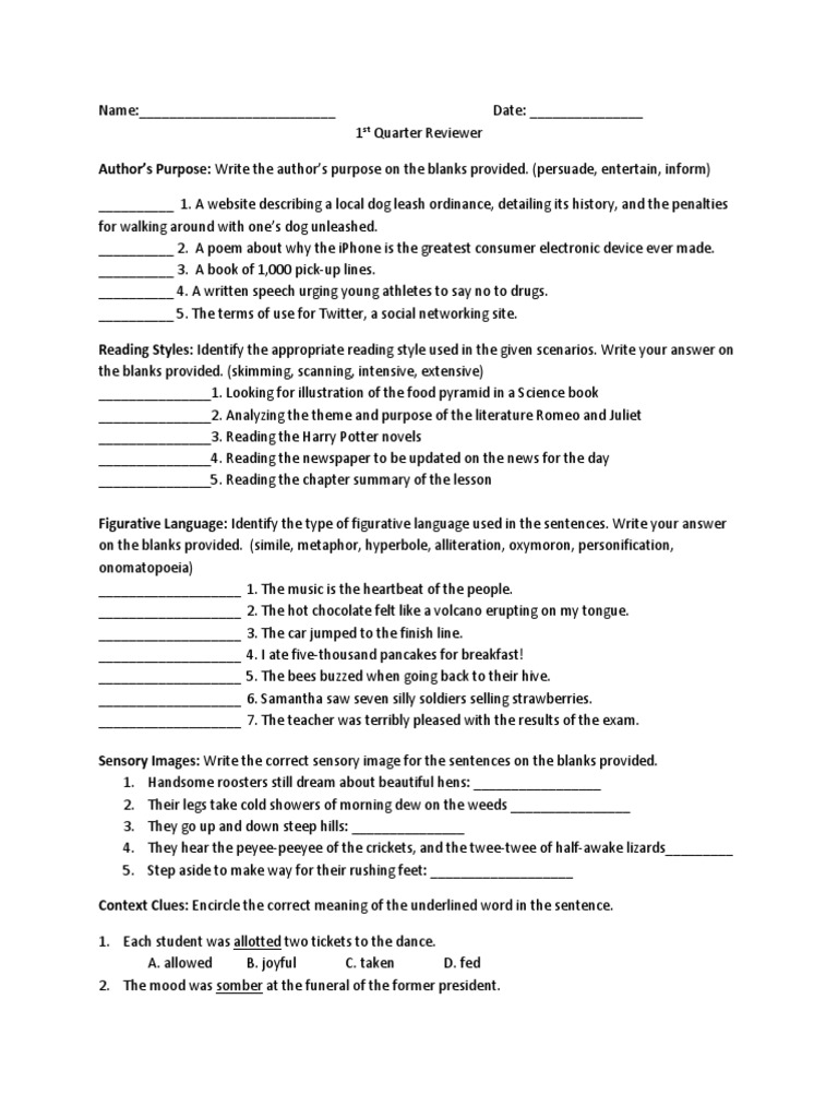 1st Quarter Basic English Reviewer | PDF | General Fiction