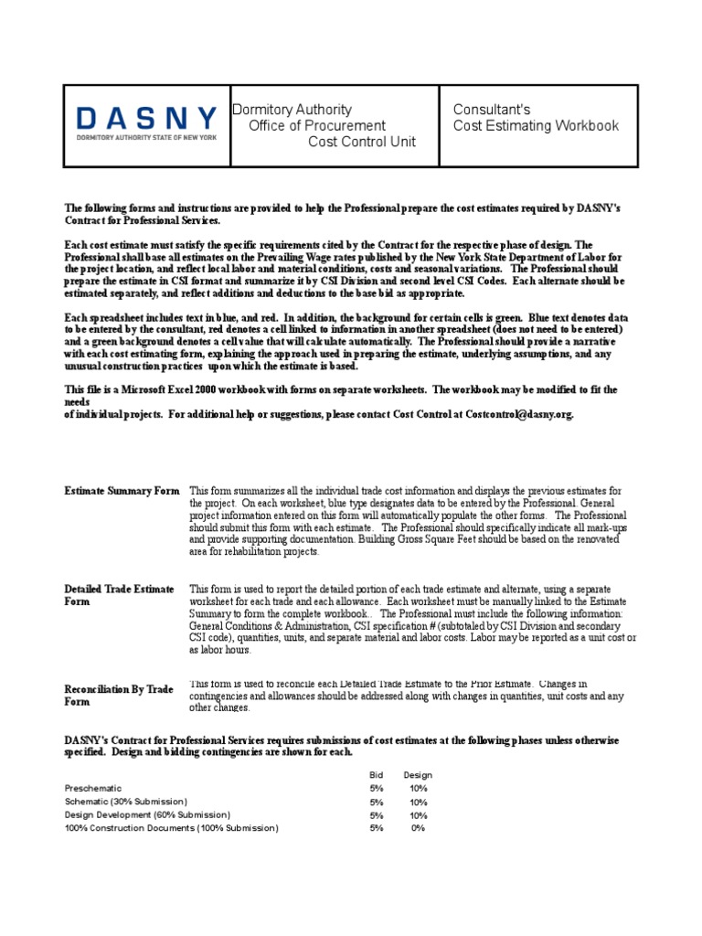 DASNY Cost Estimating Workbook | PDF | Spreadsheet | Business