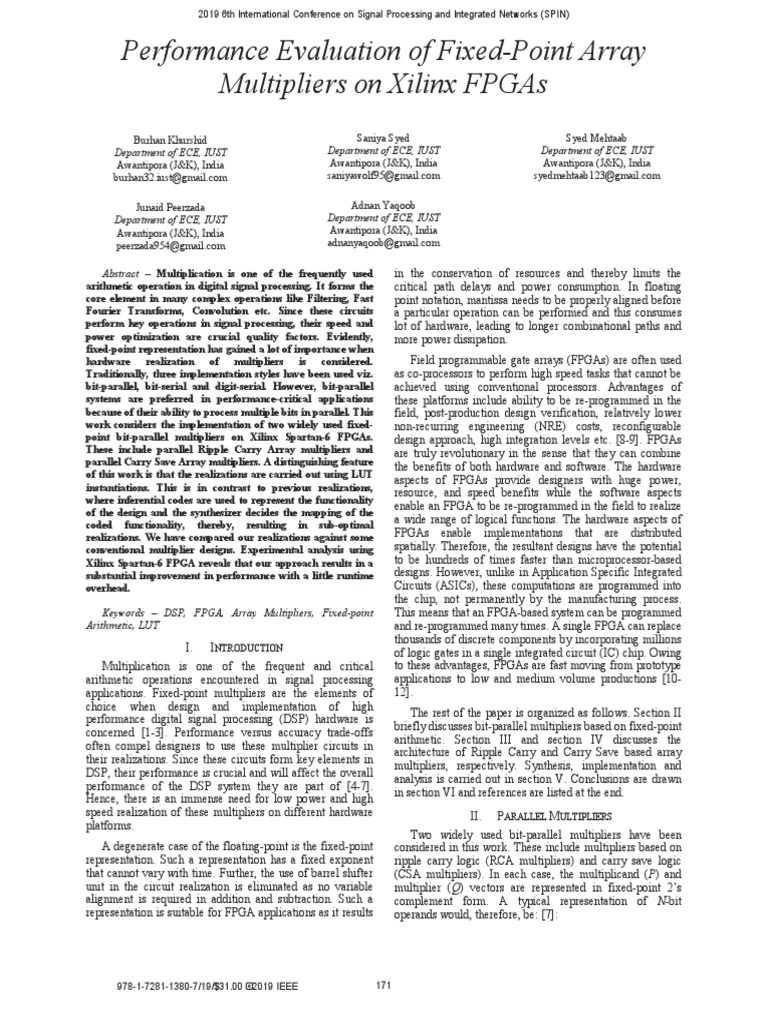 Performance Evaluation Of Fixed Point Array Multipliers On Xilinx Fpgas