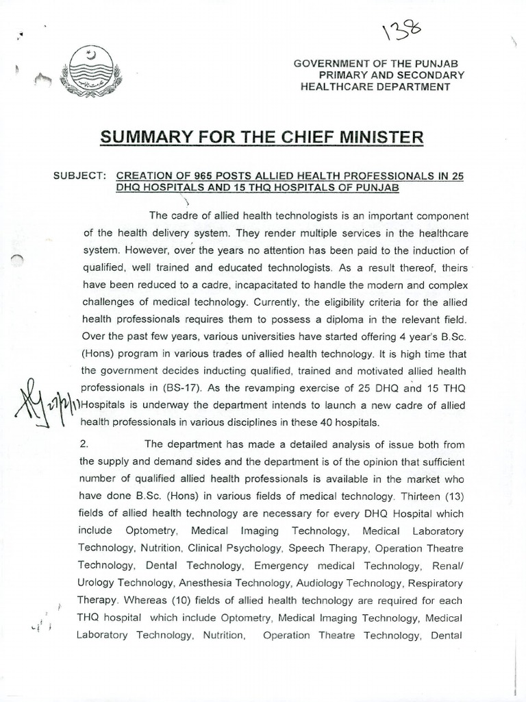 Summary For The Chief Minister | PDF | Academic Degree | Health Care
