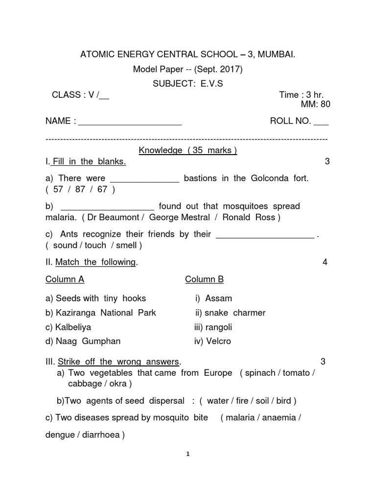 Aecs Class 5 Practice Test Term1evs17 | PDF | Taste | Digestion