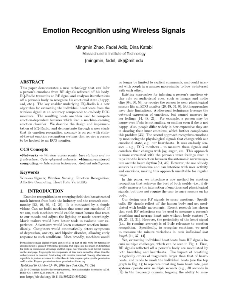 Emotion Recognition Using Wireless Signals: Mingmin Zhao, Fadel Adib, Dina Katabi | PDF | Image ...
