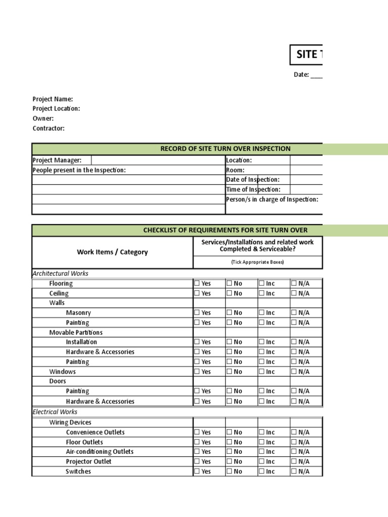Site Turn Over Form | PDF | Building Engineering | Buildings And Structures