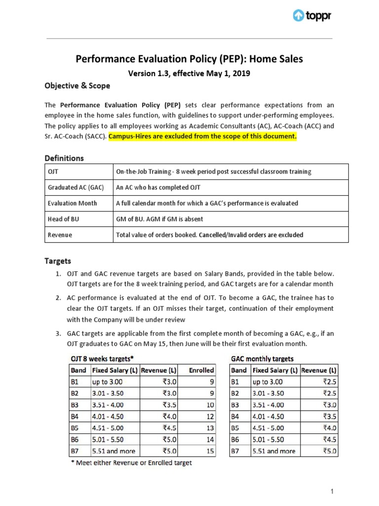 Performance Evaluation Policy (PEP) : Home Sales: Objective & Scope ...