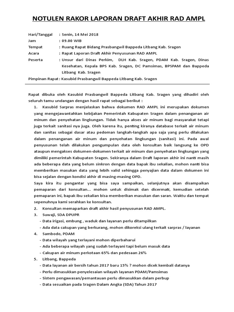 Notulen Penyusunan Draft Akhir RAD AMPL | PDF