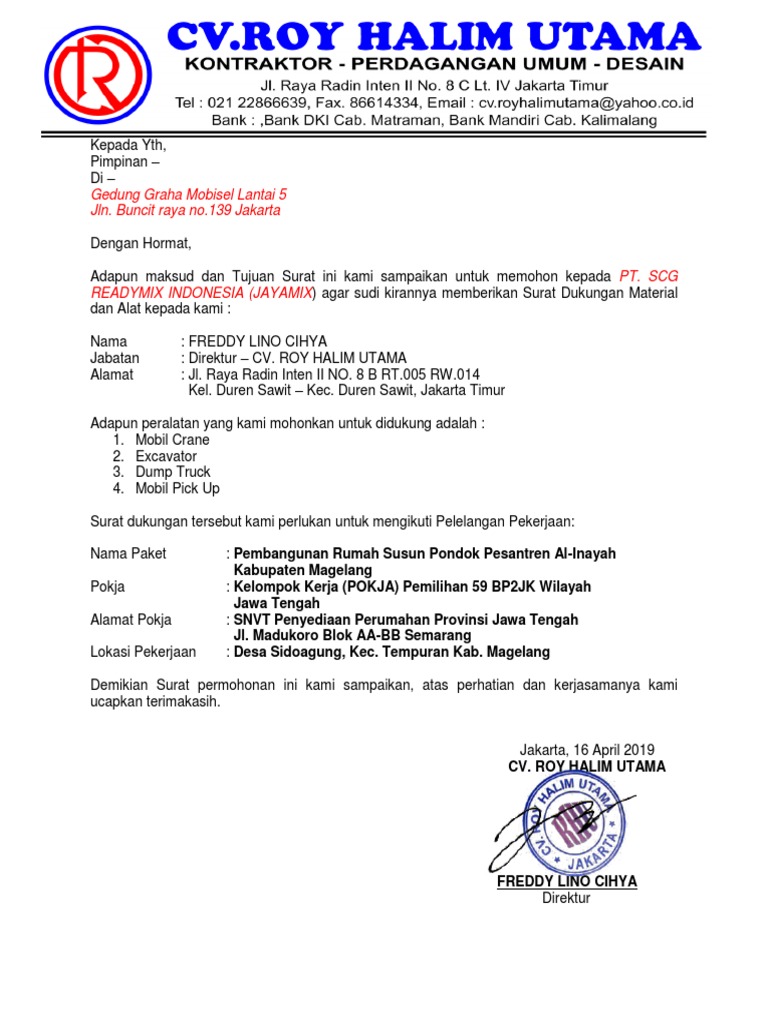 Surat Permohonan Alat Berat Rusun CV Roy Halim Utama | PDF