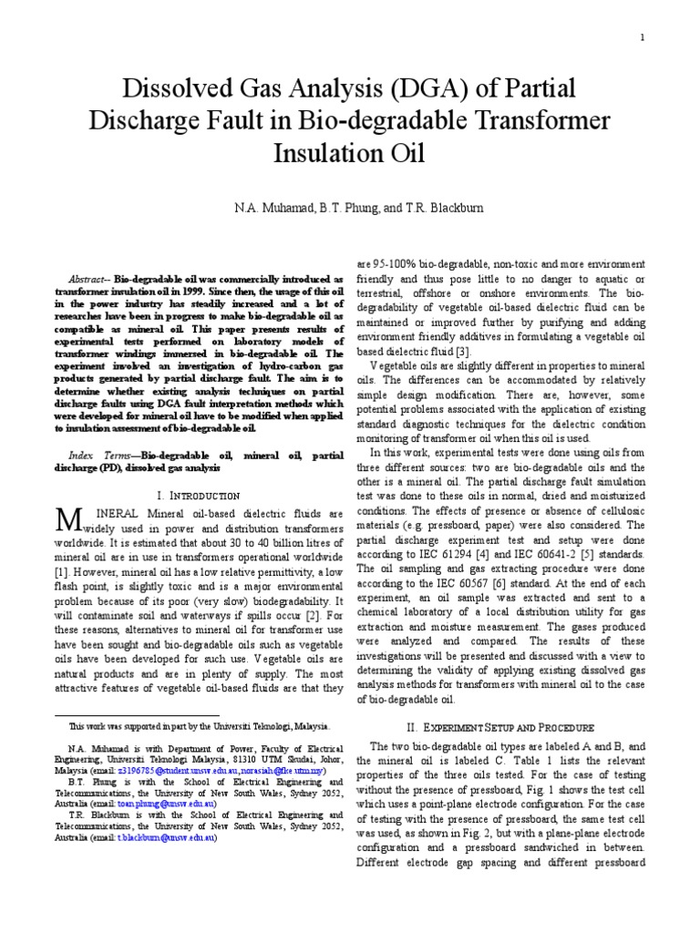 Dissolved Gas Analysis (DGA) of Partial Discharge Fault in Bio ...