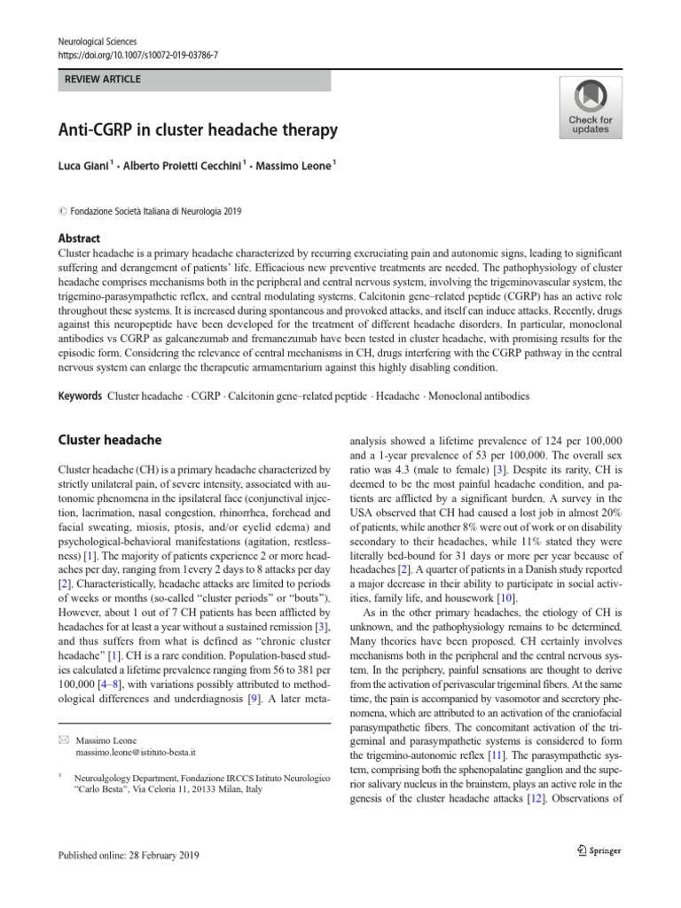 Anti-CGRP in Cluster Headache Therapy | PDF | Vasodilation | Headache