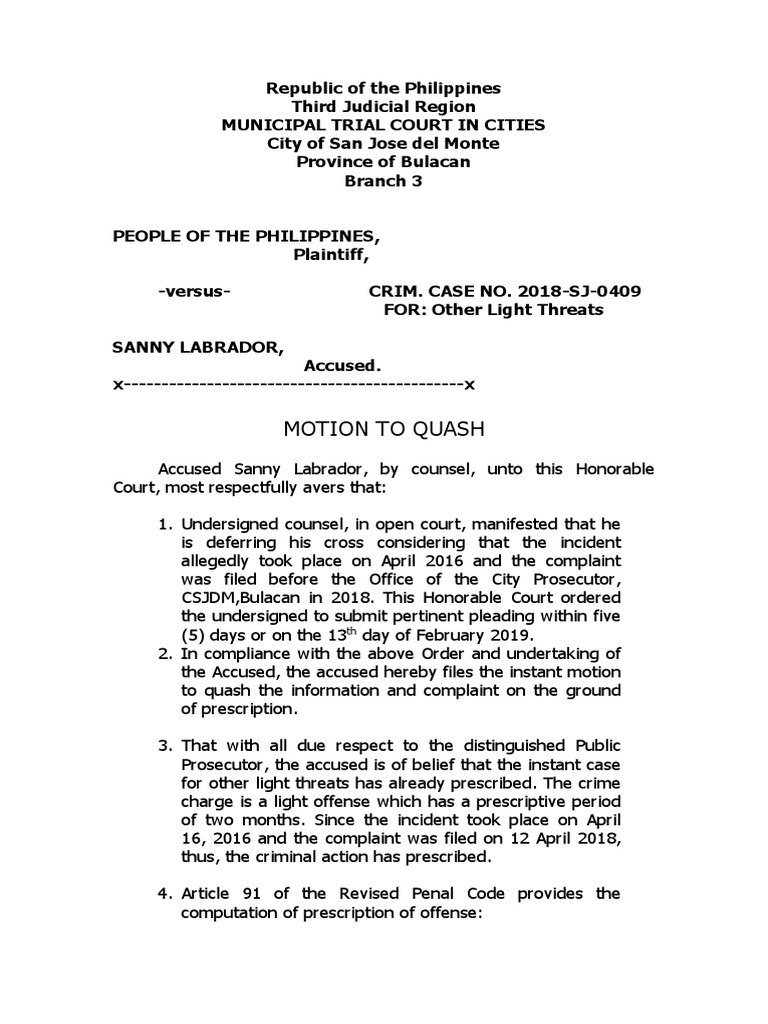 Motion to Quash Criminal Case for Prescription | PDF | Statute Of Limitations | Crime & Violence