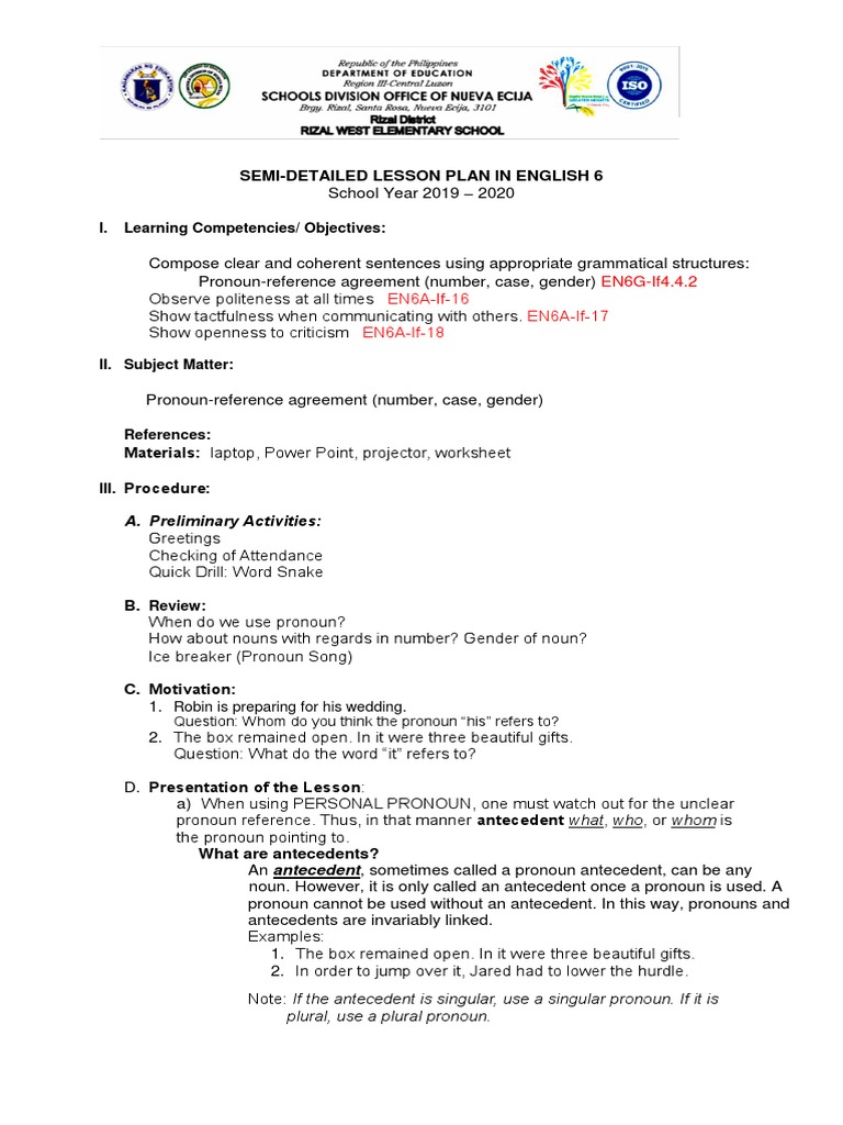 Cot On Pronoun-Antecedent Agreement Grade 6 | PDF | Grammatical Number ...