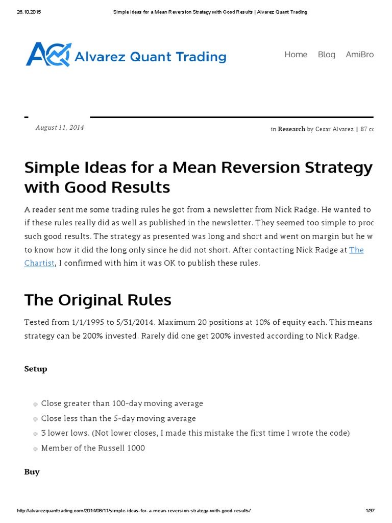 Simple Ideas For A Mean Reversion Strategy With Good Results | PDF ...