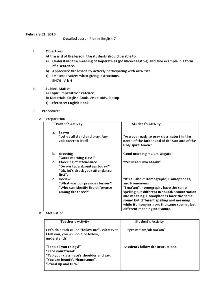 Detailed Lesson Plan in English 7 | PDF | Question | Lesson Plan