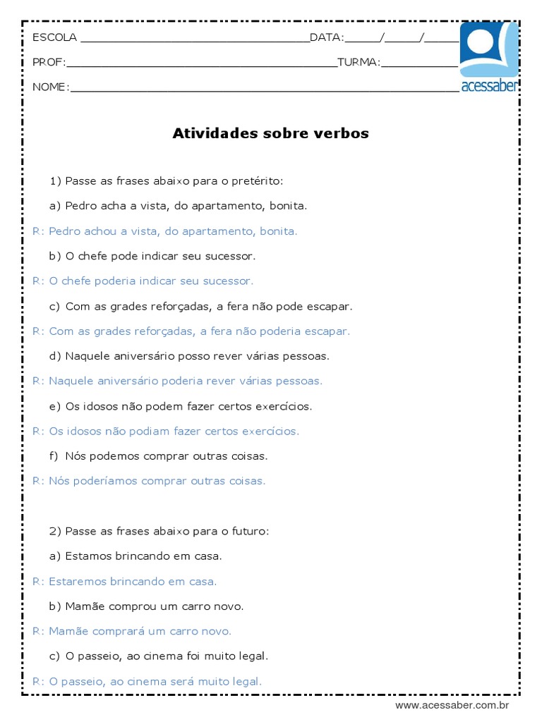 Atividades de Verbos para 4º e 5º Ano | PDF | Artes Linguísticas e ...