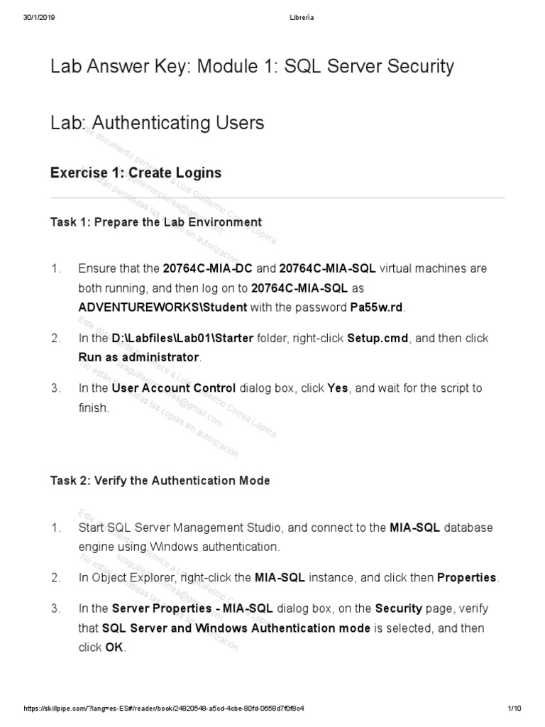 Lab Answer Key: Module 1: SQL Server Security Lab: Authenticating Users | Download Free PDF ...