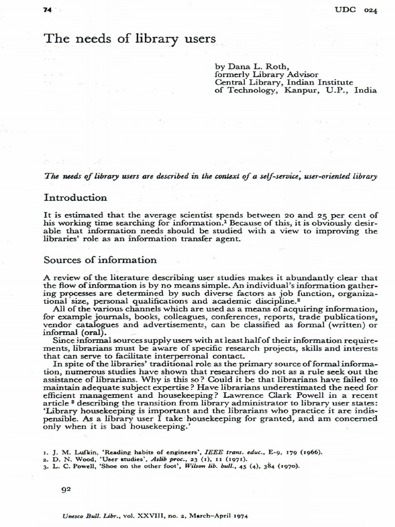 Needs of Library Users | PDF | Librarian | Libraries