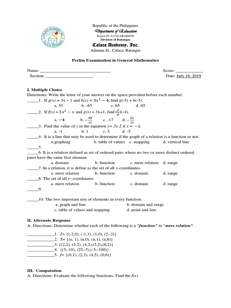 Prelim in Gen Math | PDF | Function (Mathematics) | Algebra