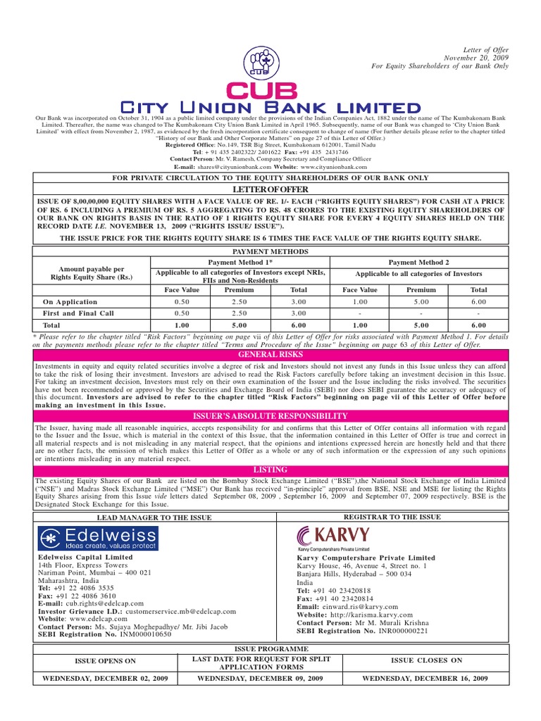 Cub Letter of Offer | PDF | Reserve Bank Of India | Banks