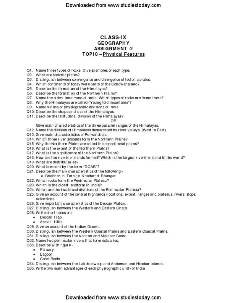 Class-Ix: Geography Assignment - 2 TOPIC - Physical Features | PDF ...