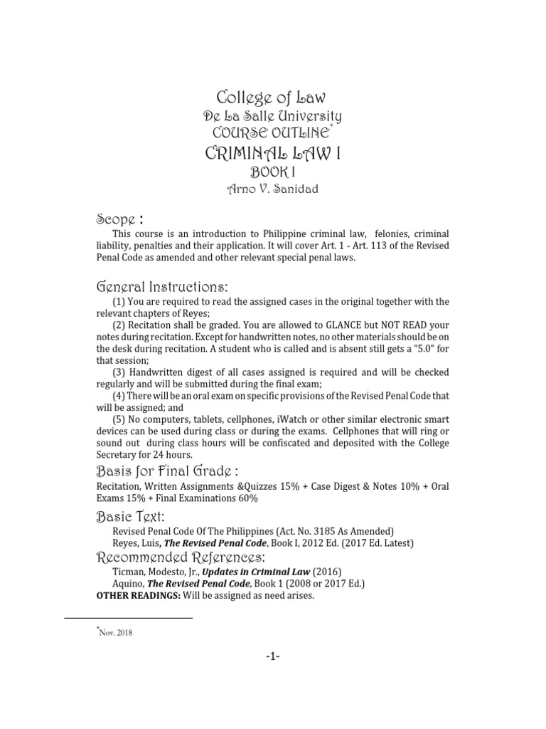 Criminal Law 1 Outline 2019 | PDF | Mens Rea | Criminal Law