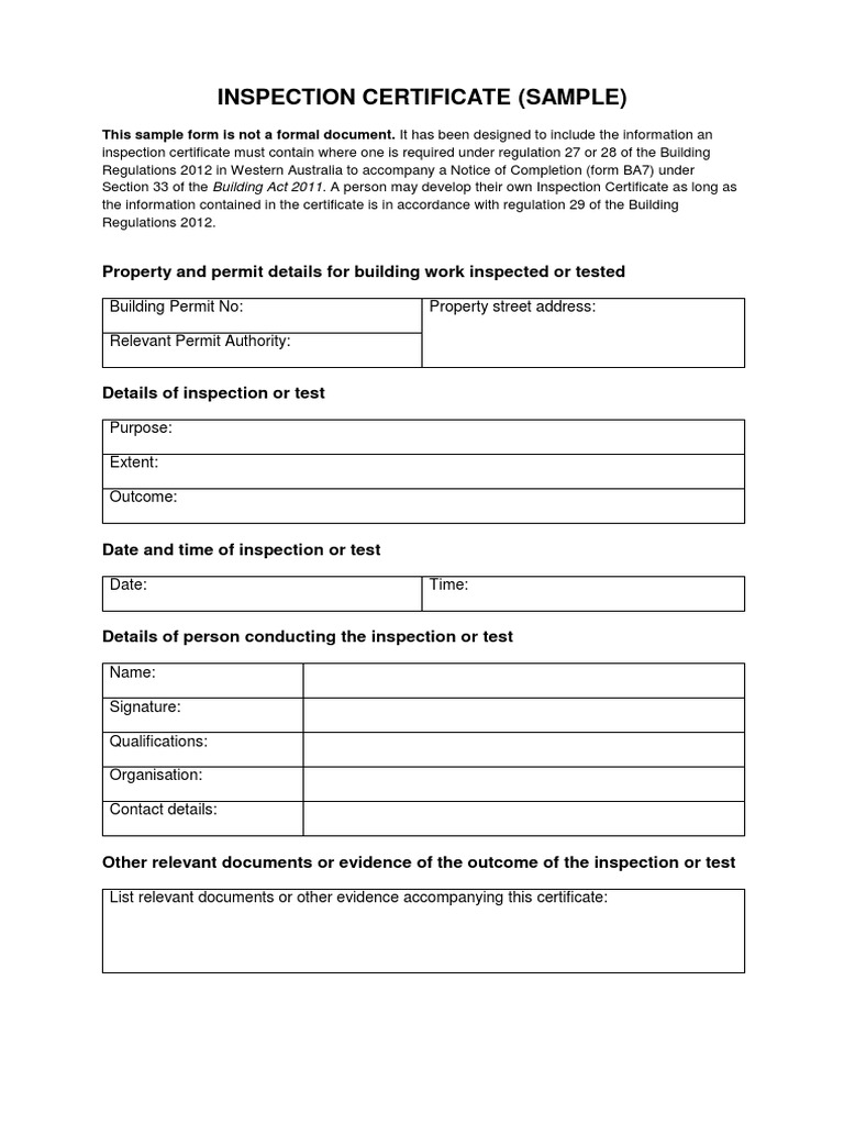Inspection Certificate (Sample) : Building Permit No: Property Street ...