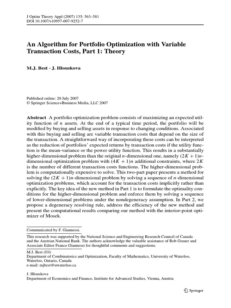 An Algorithm For Portfolio Optimisation With Variable Transaction Costs Part 1 Theory Pdf 8418