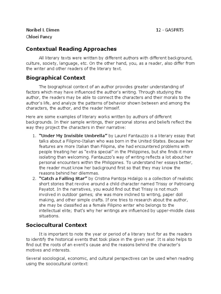 Contextual Reading Approaches: Noribel I. Dimen 12 - Gasprts Chloei ...