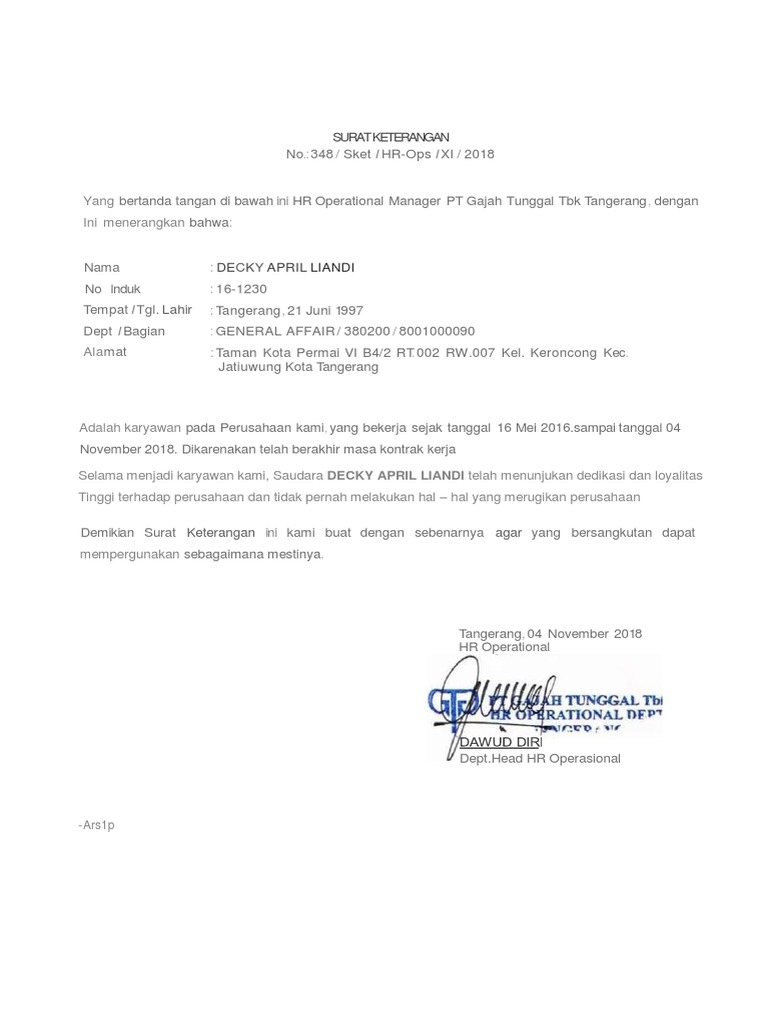 Surat Keterangan Kerja Karyawan PT Gajah Tunggal | PDF