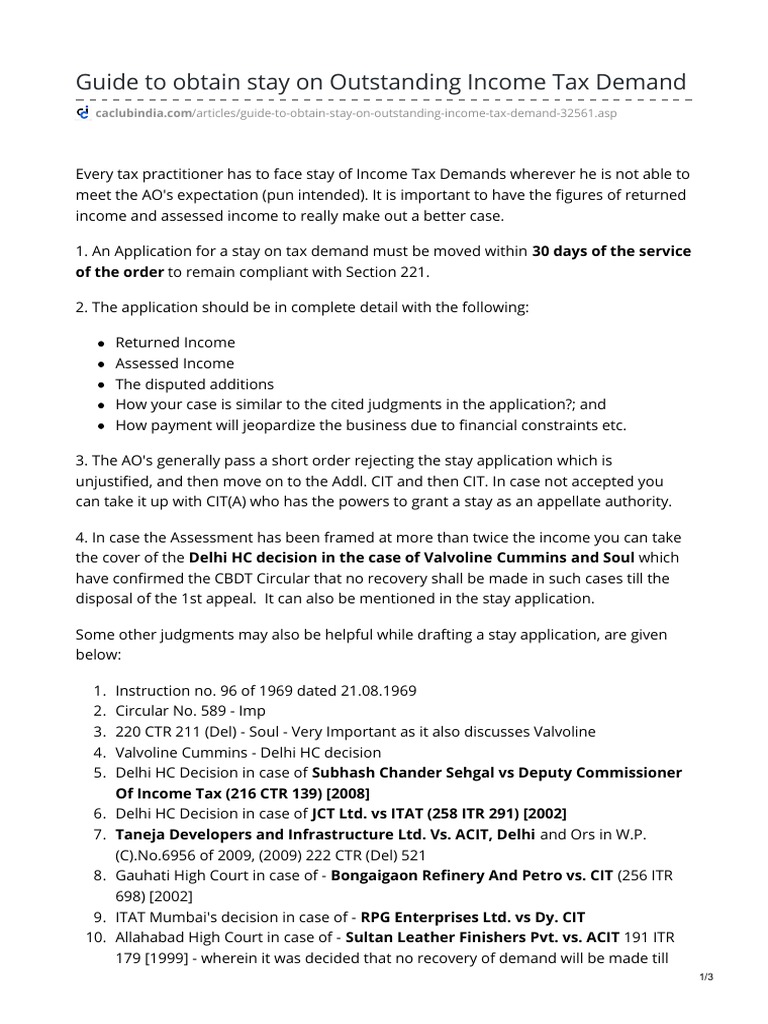 Guide To Obtain Stay On Outstanding Income Tax Demand | PDF | Income ...