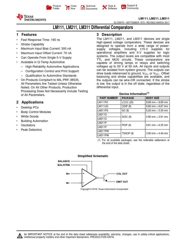 LM111, LM211, LM311 Differential Comparators: 1 Features 3 Description ...