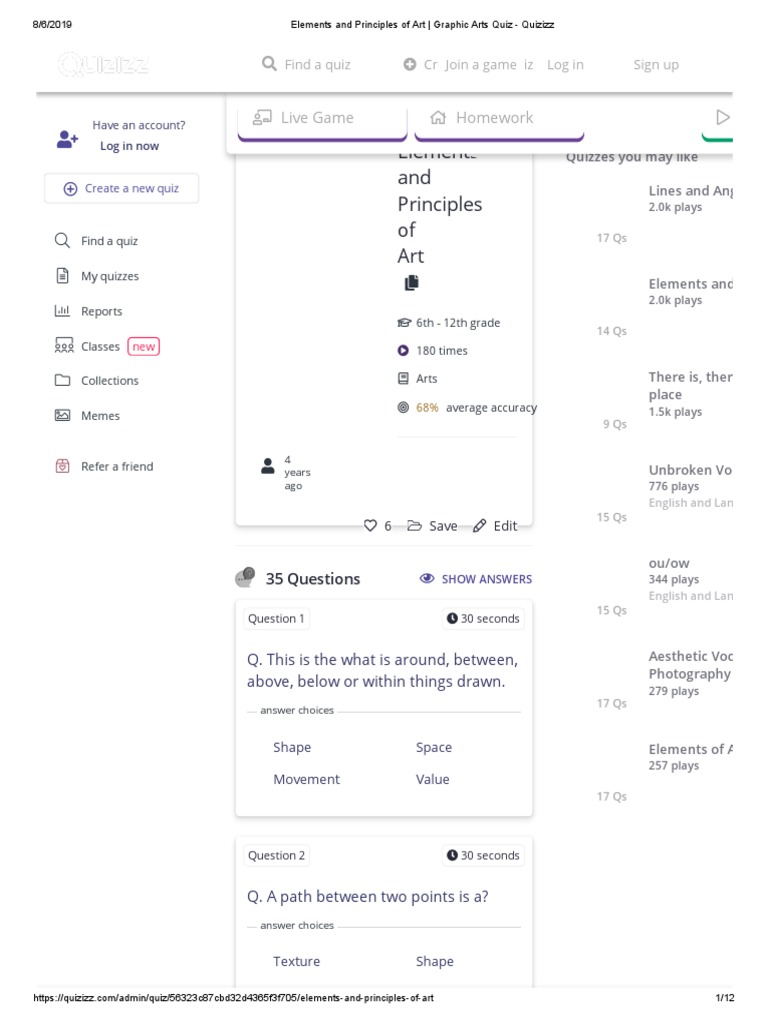 Elements and Principles of Art - Graphic Arts Quiz - Quizizz | PDF ...