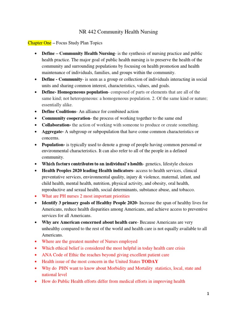 NR442 - Community Health Nursing - Exam 1 Study Guide | PDF | Public ...