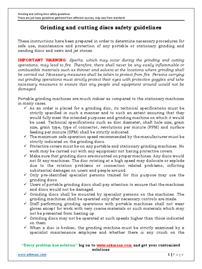 Grinding and Cutting Discs Safety Guidelines: Important Warning | PDF ...