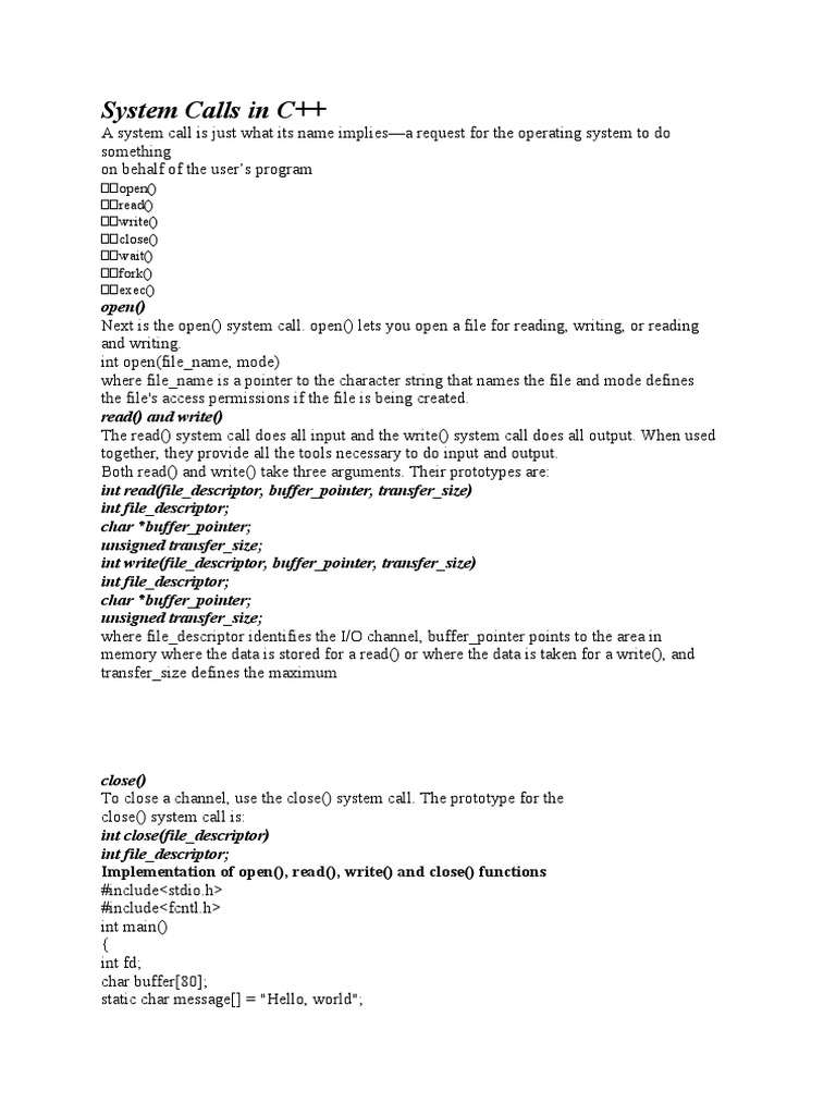 System Calls in C++: Open Read Write Close Wait Fork Exec | PDF | Input ...