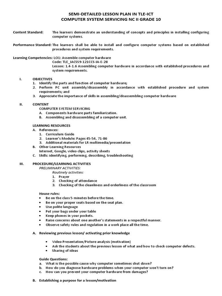 Semi Detailed Lesson Plan | PDF | Computer Hardware | Electronic ...