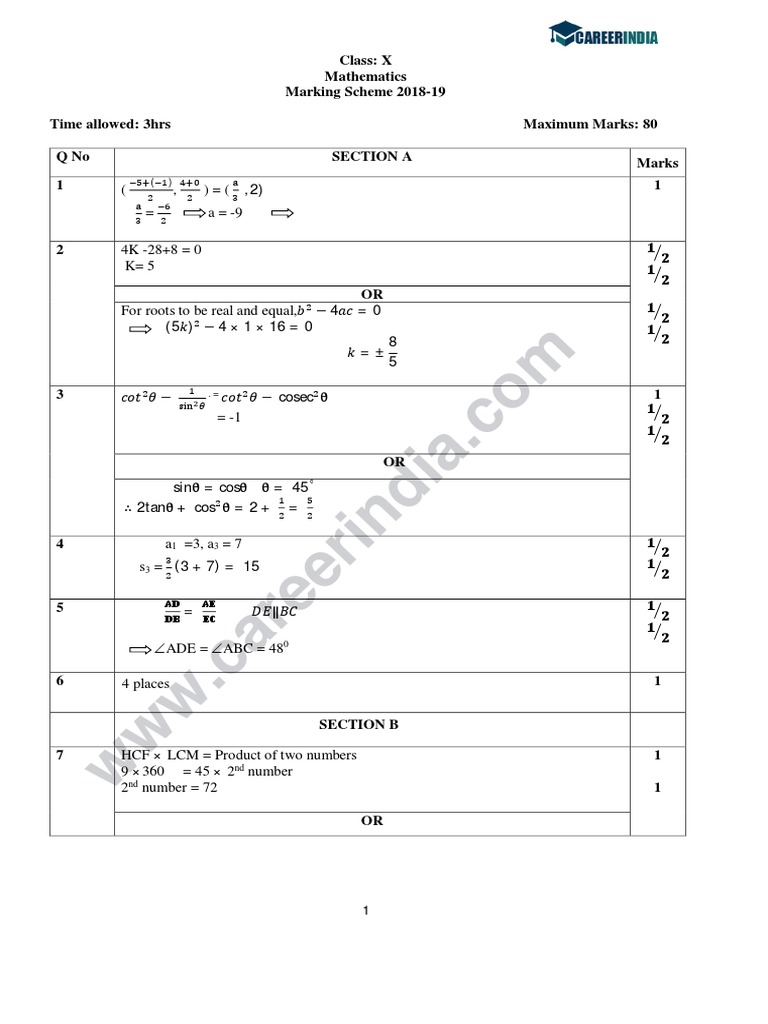 Class: X Mathematics Marking Scheme 2018-19 Time Allowed: 3Hrs Maximum ...