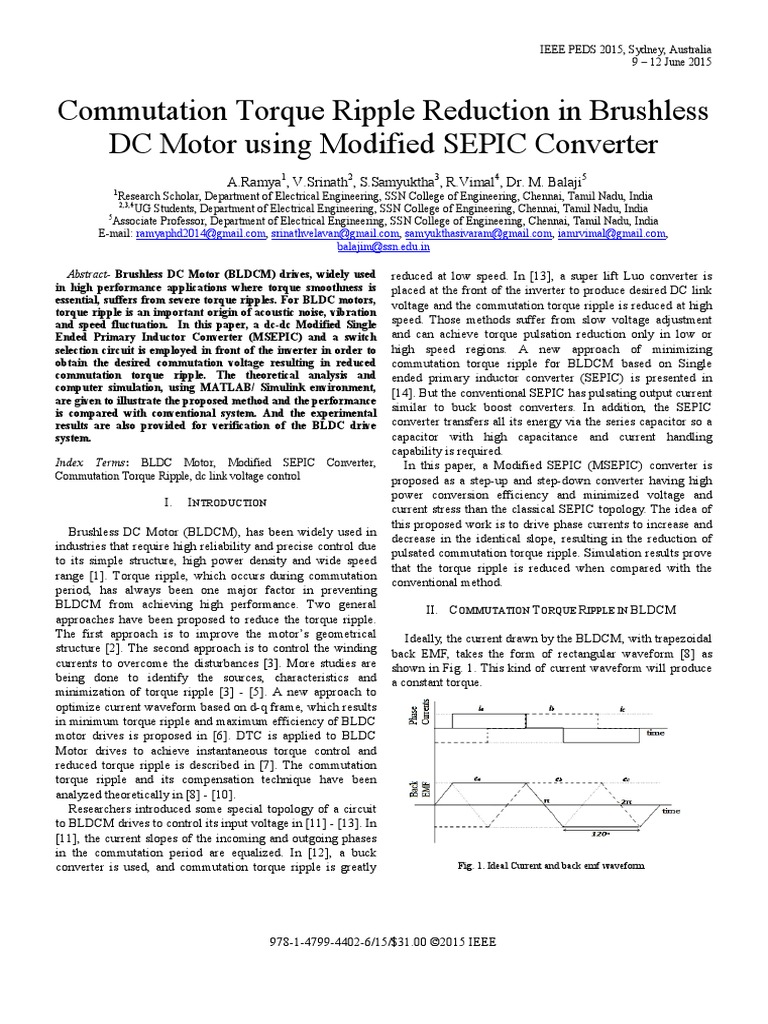 Commutation Torque Ripple Reduction in Brushless DC Motor Using Modified SEPIC Converter | PDF ...
