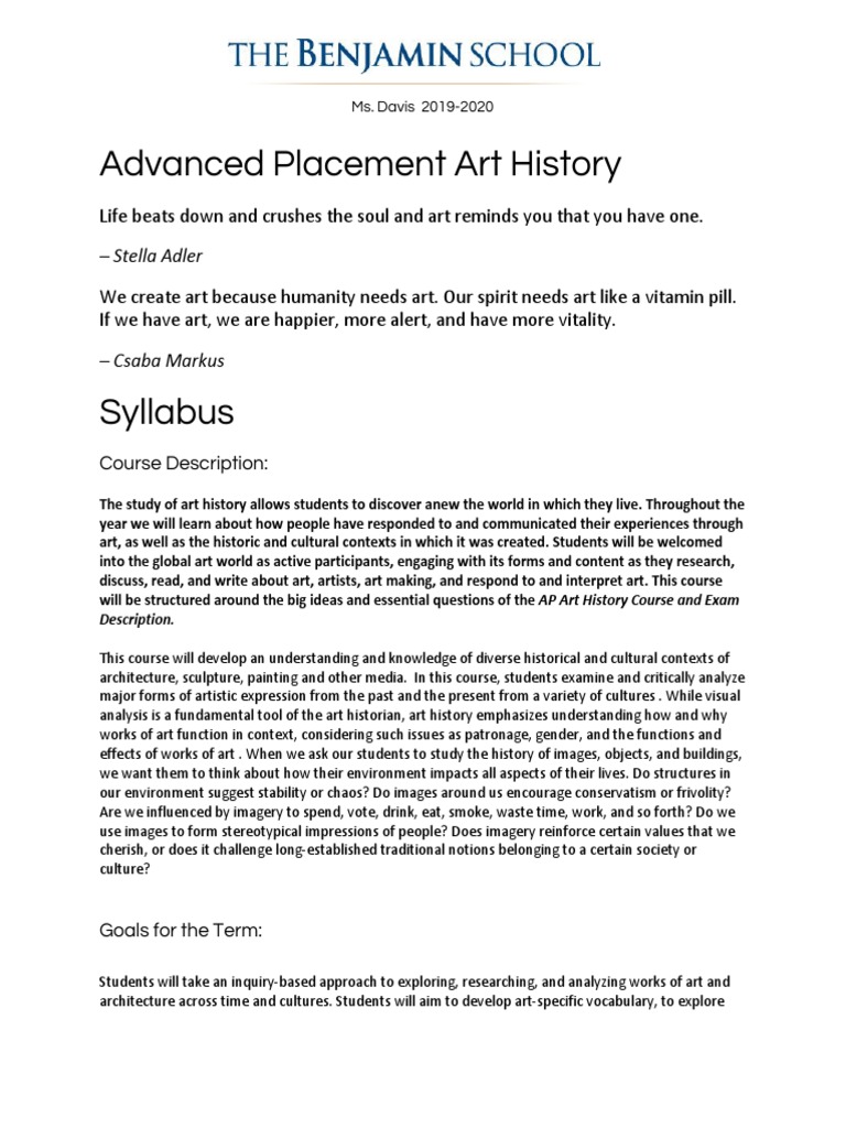 AP Art History Course Syllabus 2019-2020 | PDF | Art History | Medieval Art